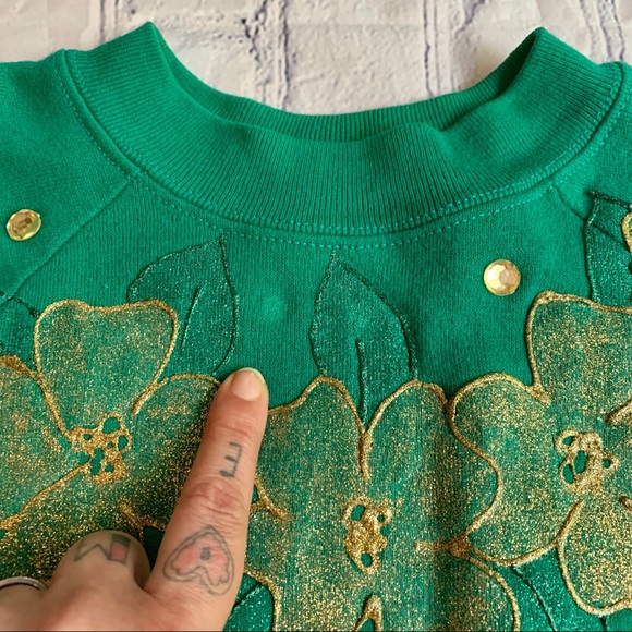 Tops | Vintage 198s Floral Gold Glitter Puff Paint Crew | Poshmark